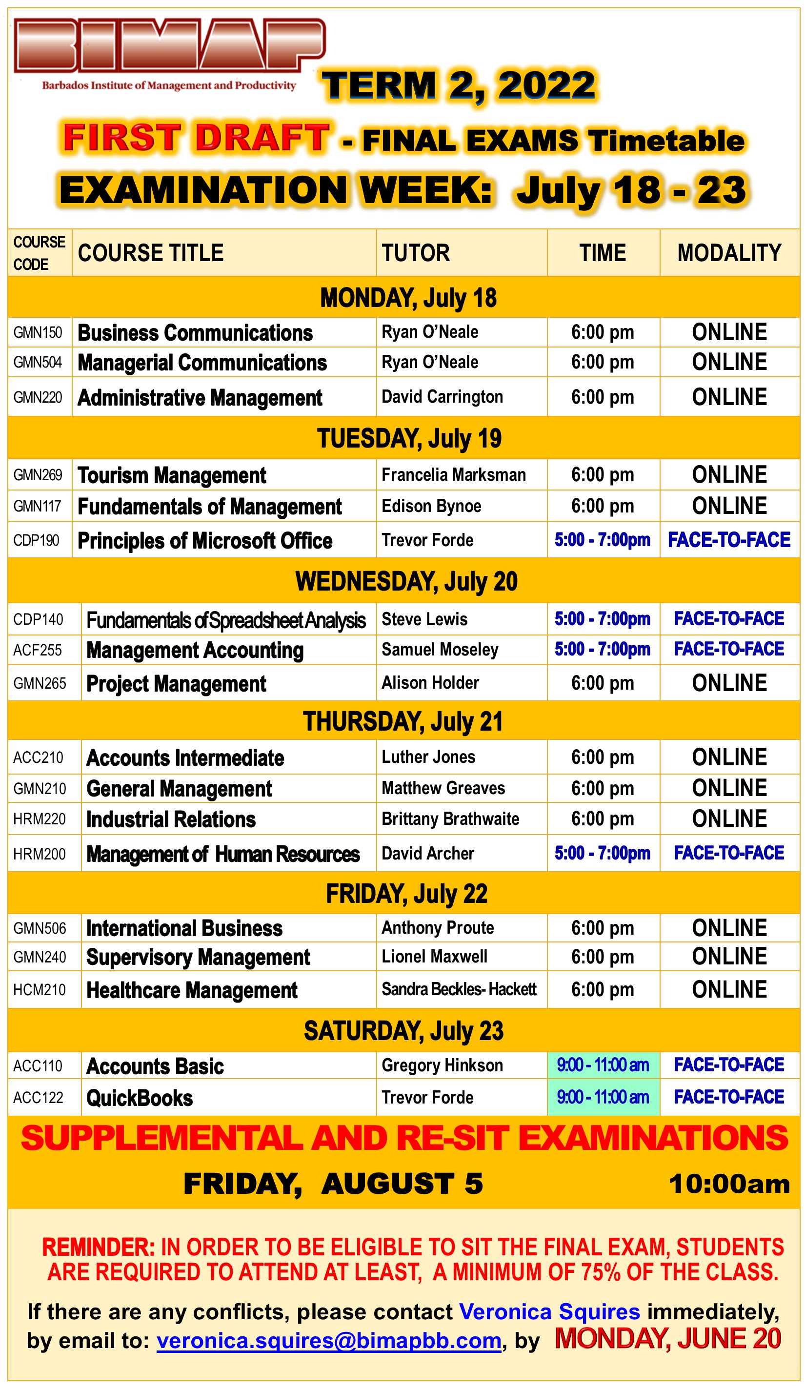 BIMAP: Term 2, 2022 Exam Schedule -First Draft | BIMAP